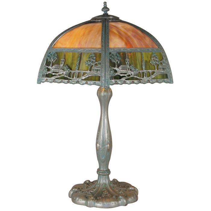 Stained glass table lamp, heavy cast metal base, leaded glass shade w ...