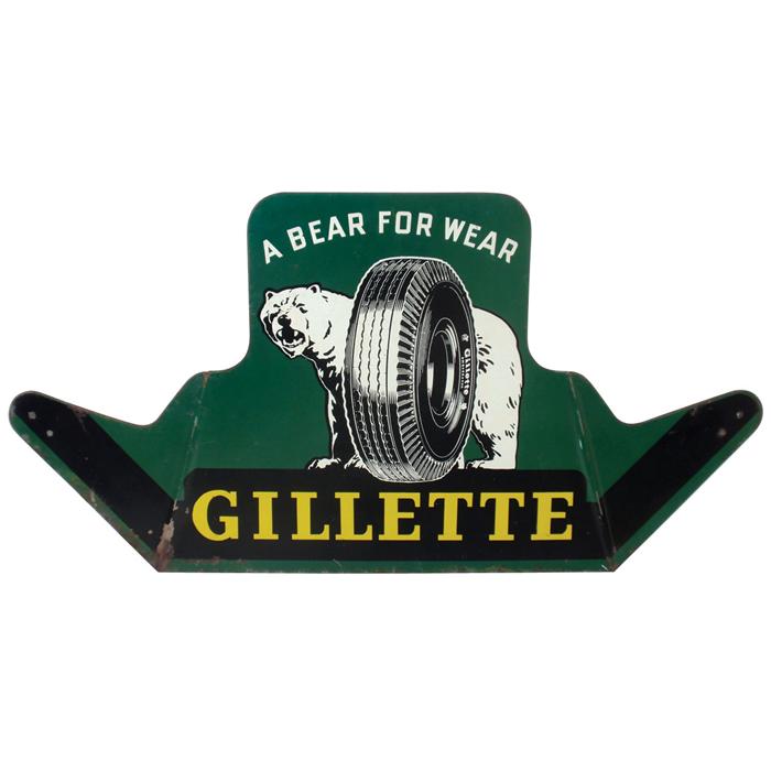 Petroliana, Gillette tire display sign, diecut metal sign w/bear & tire ...