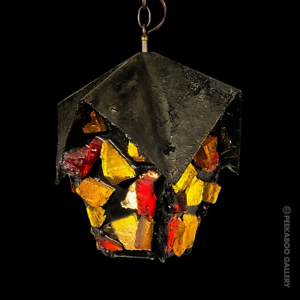 ORIGINAL 1960s ORANGE CHUNK RESIN HUT SWAG LAMP w/ GABLED ROOF.