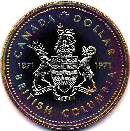 RAINBOW COLOR 1871-1971 CANADA SILVER DOLLAR-PROOF
