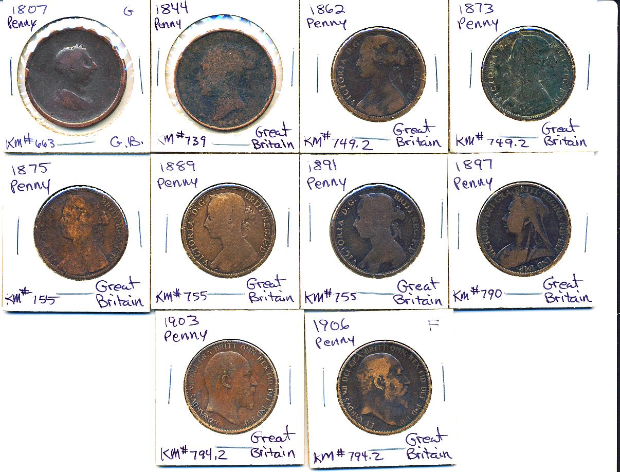 (10) 1807, 1844, 1862, 1873, 1875, 1889, 1891, 1897, 1903, 1906 GREAT BRITAIN LARGE CENTS-AG/VF