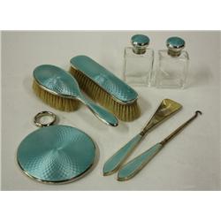 English sterling silver & enamel vanity set