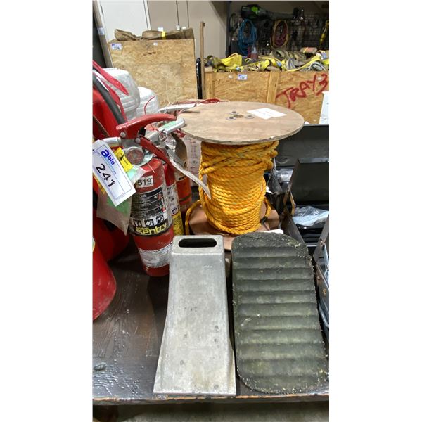 3 SMALL INDUSTRIAL FIRE EXTINGUISHERS, REEL OF ROPE & 2 WHEEL CHOCKS ...
