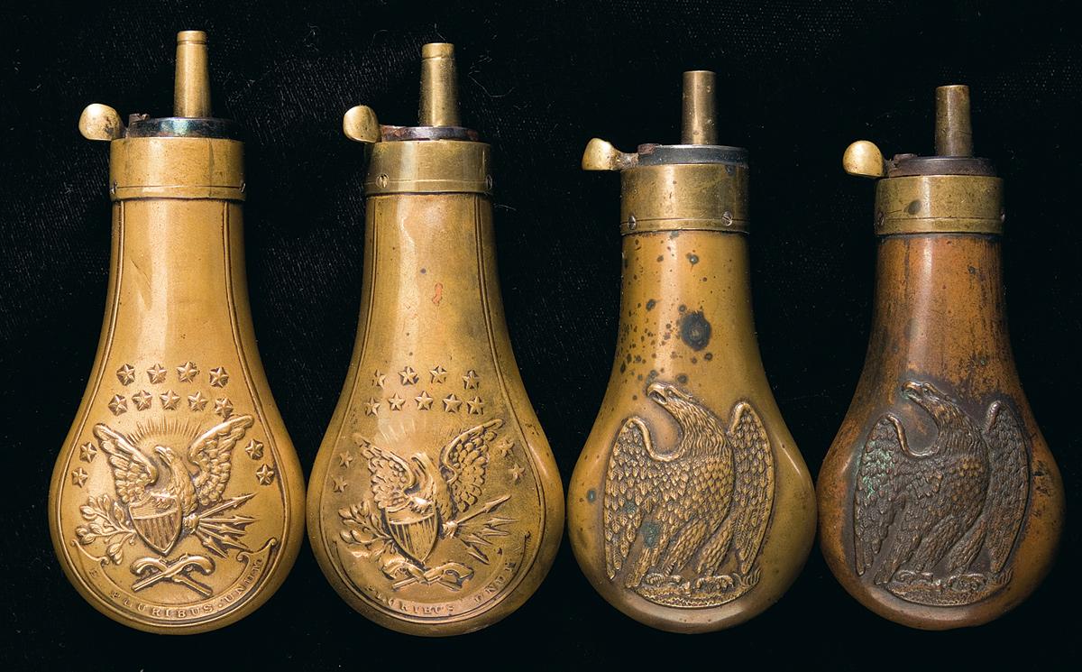 Four Powder Flasks, Including Two Colt Flasks