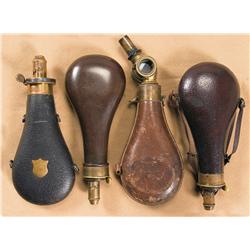 Four Leather Covered or Hard Rubber Powder and Shot Flasks