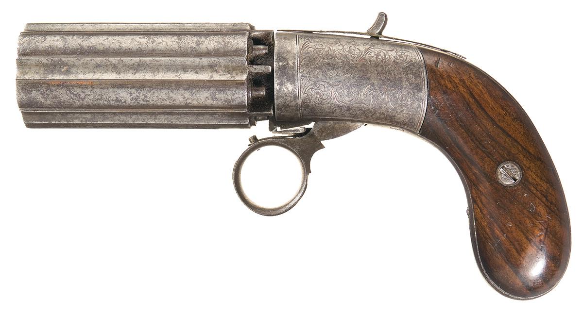 Engraved English J.R. Cooper Double Action Underhammer Pepperbox Revolver