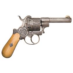 Engraved Belgian Double Action Pinfire Belt Revolver with Ivory Grips