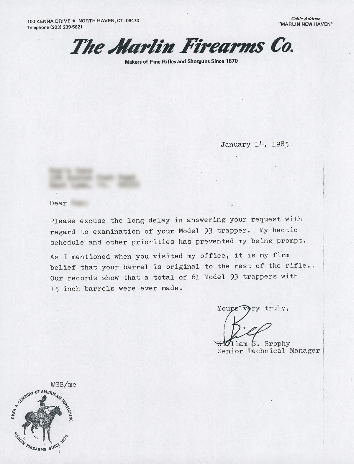 Rare Marlin Model 1893 Trapper Model Carbine with ATF Exception Letter