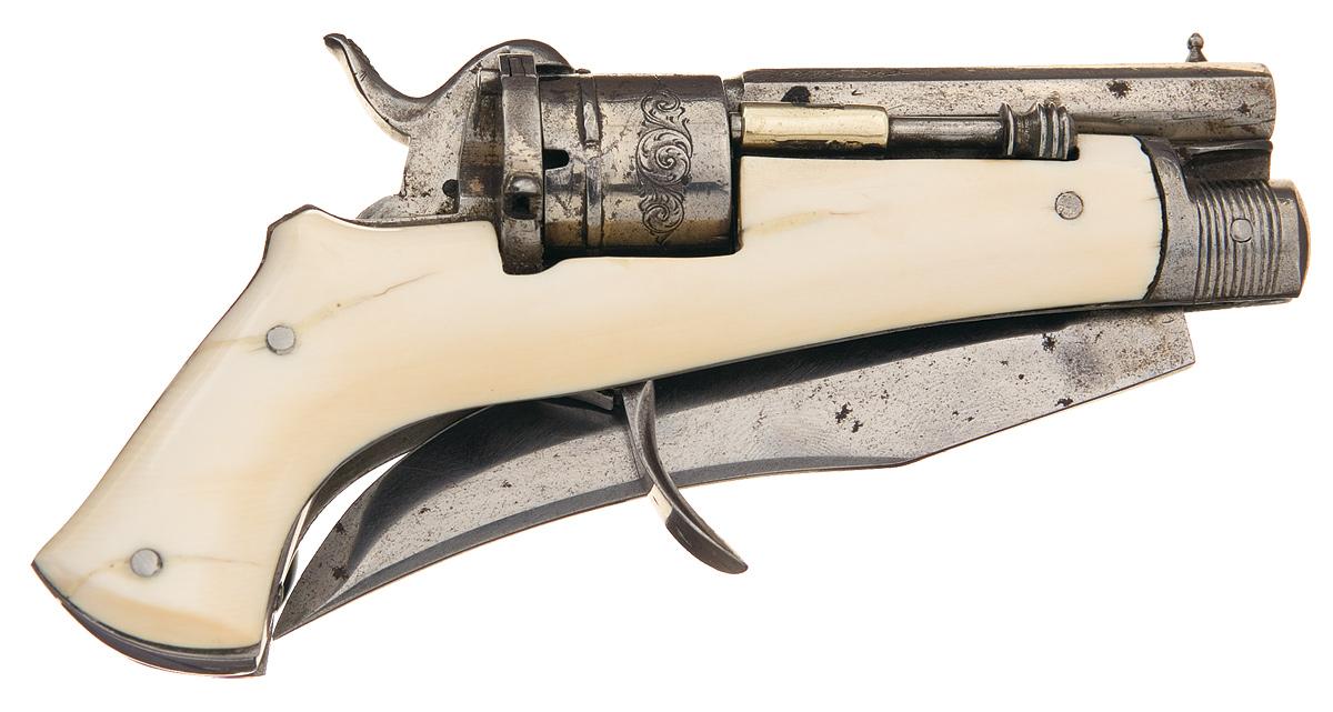 Belgian Double Action Pinfire Knife Revolver with Ivory Grips
