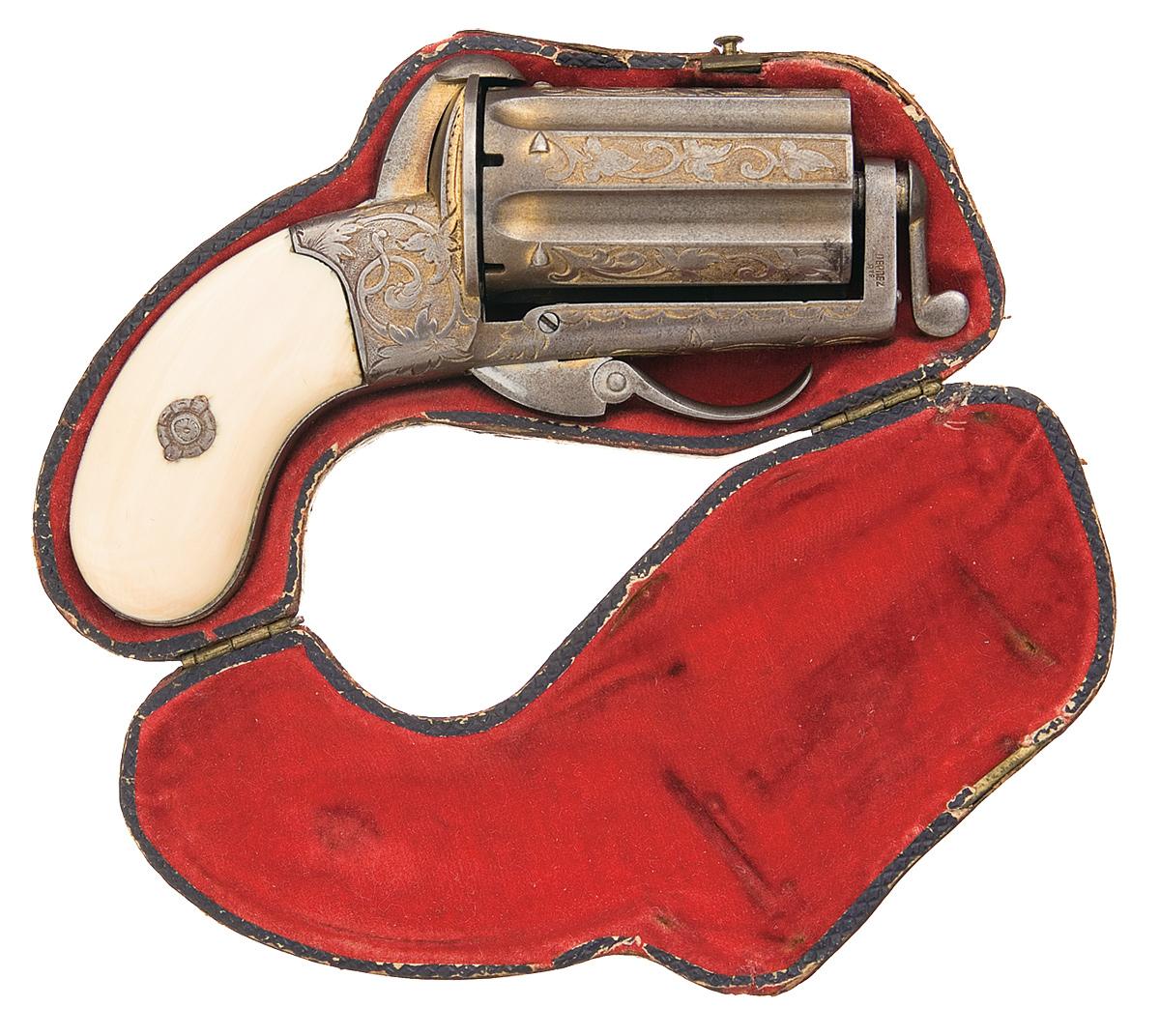 Engraved and Gold Finished Belgian Pinfire Pepperbox Revolver with ...