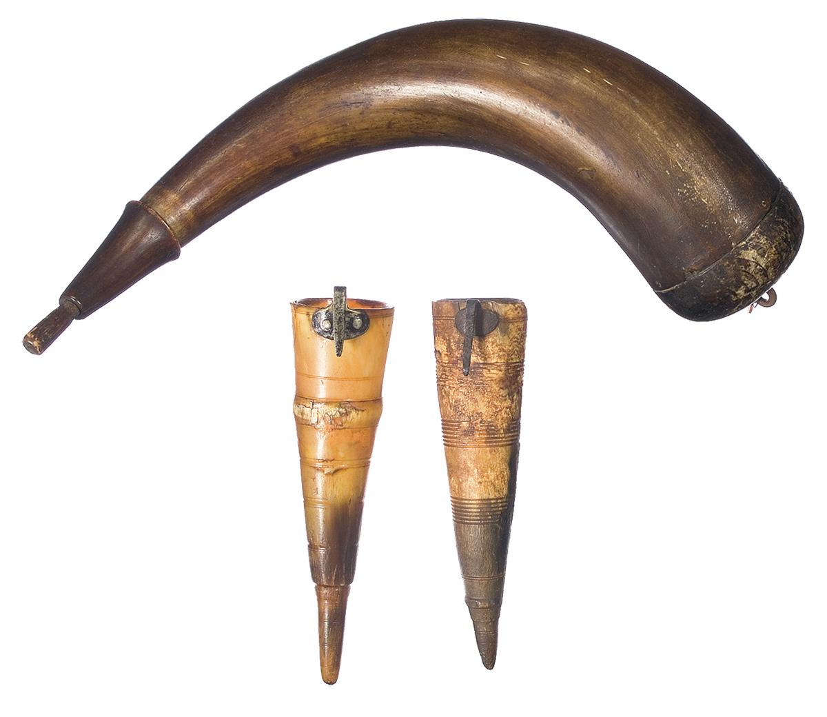 Two Knife Sharpening Stone Horn Holders and One Powder Horn