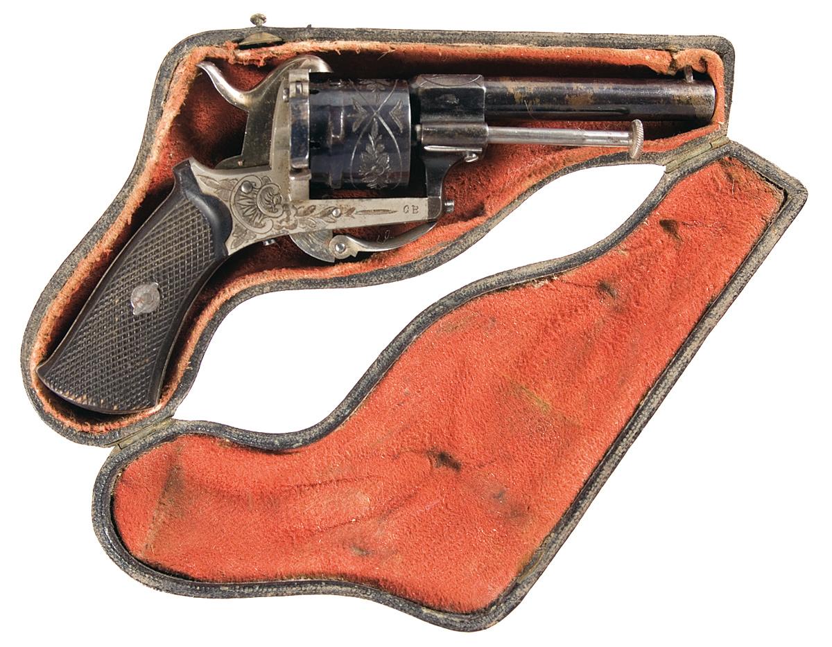 Finely Engraved European Pinfire Revolver with Leather Pipe Case