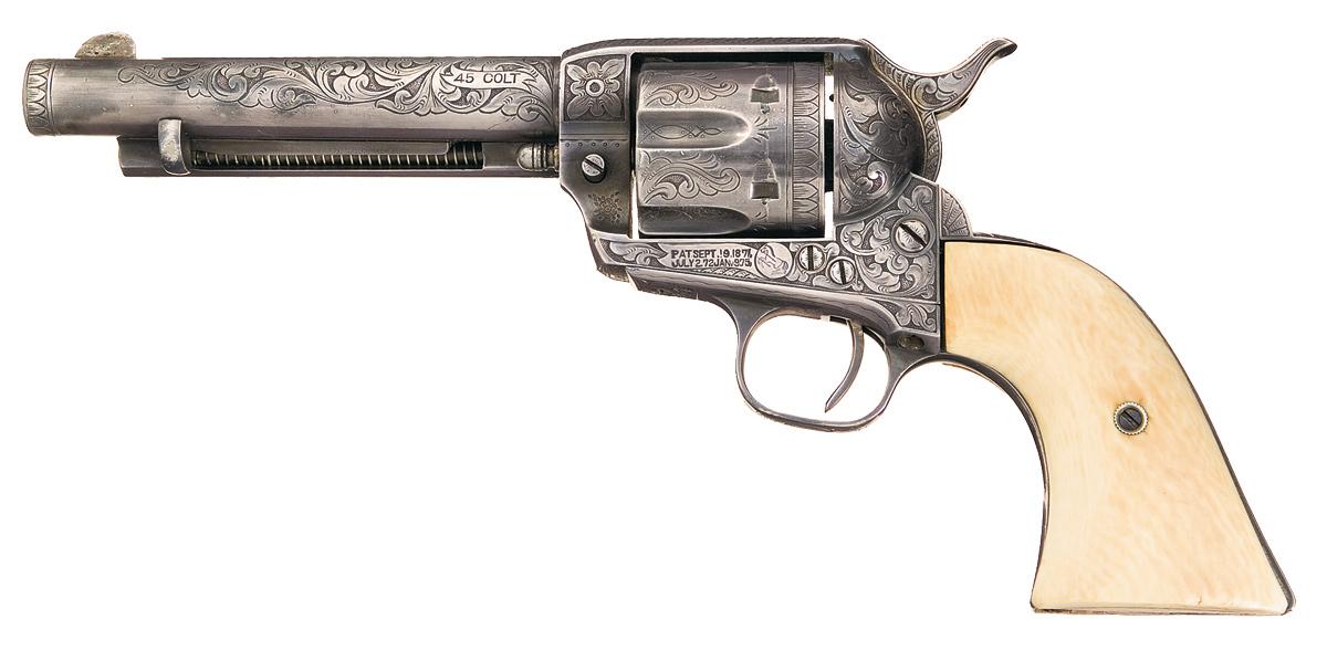 Engraved Silver Plated Colt Single Action Army Revolver with Ivory Grips