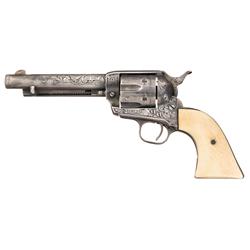 Engraved Silver Plated Colt Single Action Army Revolver with Ivory Grips