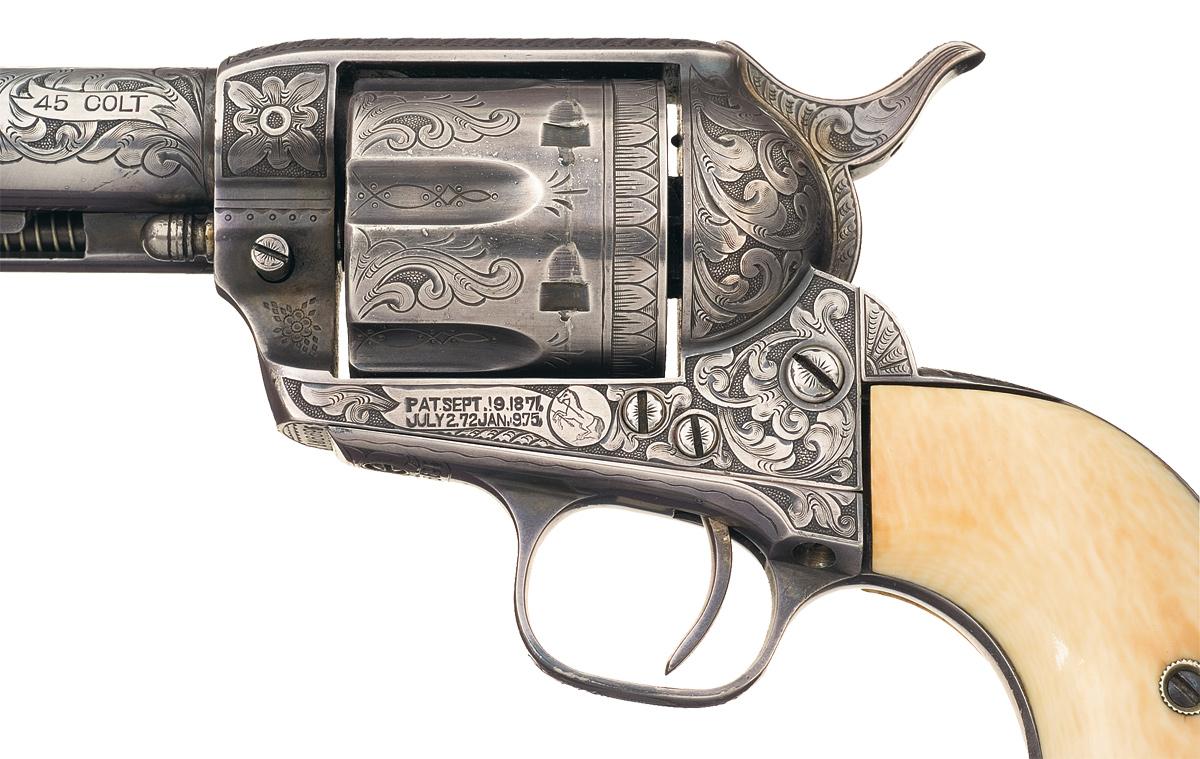 Engraved Silver Plated Colt Single Action Army Revolver with Ivory Grips
