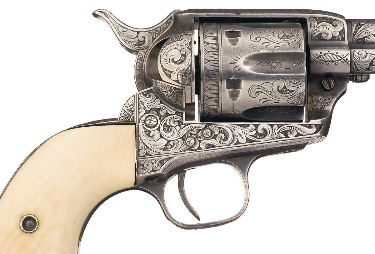 Engraved Silver Plated Colt Single Action Army Revolver with Ivory Grips