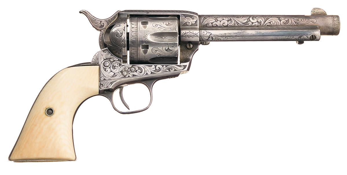 Engraved Silver Plated Colt Single Action Army Revolver with Ivory Grips