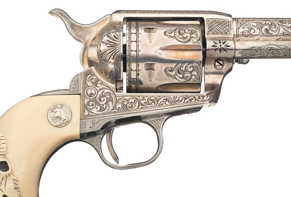 Custom Engraved Silver Plated Colt Single Action Army Revolver with Carved Ivory Grips