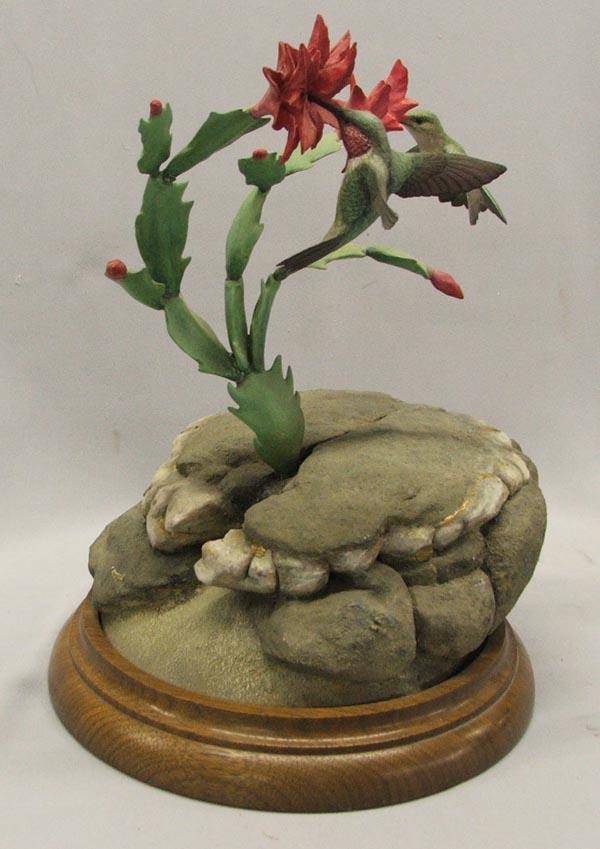 1989 Carved Hummingbird & Cactus Statue by Briddel