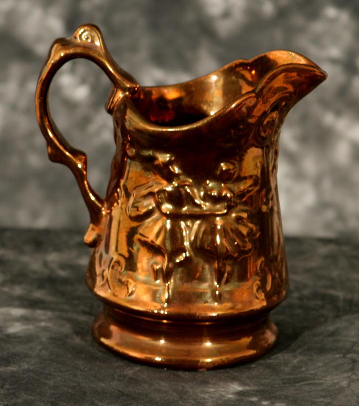 Antique Copper Lusterware Pitcher, relief molding