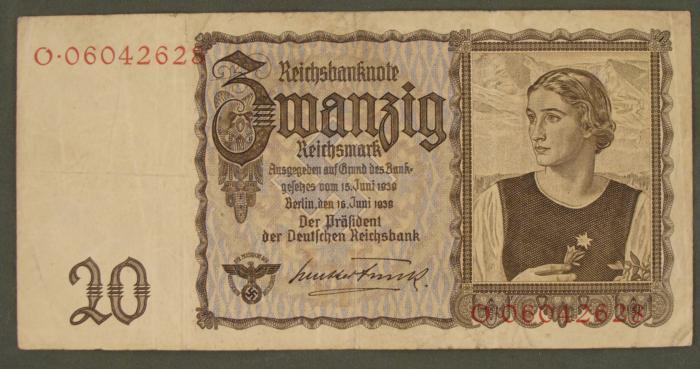 ORIGINAL NAZI 20 REICH BANK NOTE WITH EAGLE & SWASTIKA