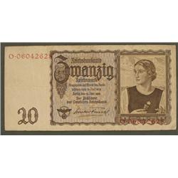 ORIGINAL NAZI 20 REICH BANK NOTE WITH EAGLE & SWASTIKA