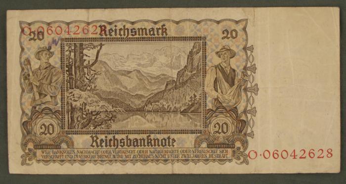 ORIGINAL NAZI 20 REICH BANK NOTE WITH EAGLE & SWASTIKA