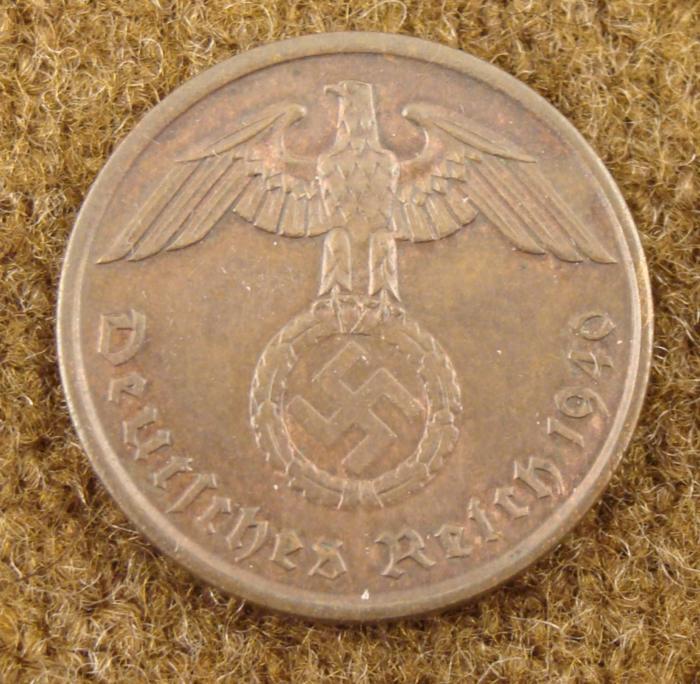 1940 NAZI COIN-TWO REICHS PFENNIG W/EAGLE & SWASTIKA