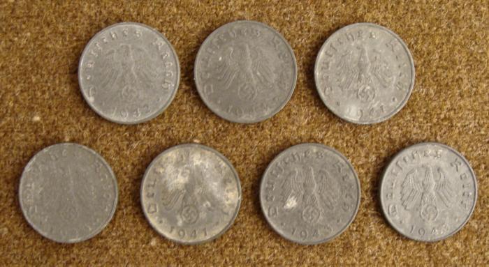 7) WAR TIME NAZI 10 PFENNING COINS w/ EAGLE & SWASTIKA