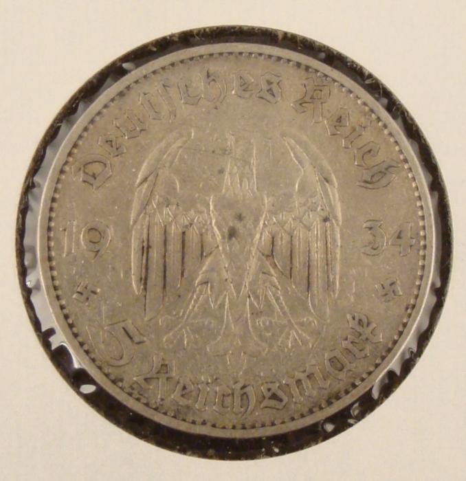 1934 5 REICHSMARKS D WEIMAR EAGLE & SWASTIKAS POTSDAM