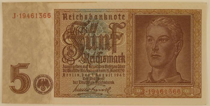 ORIGINAL NAZI 5 REICHSMARK NOTE SWASTIKA AND EAGLE