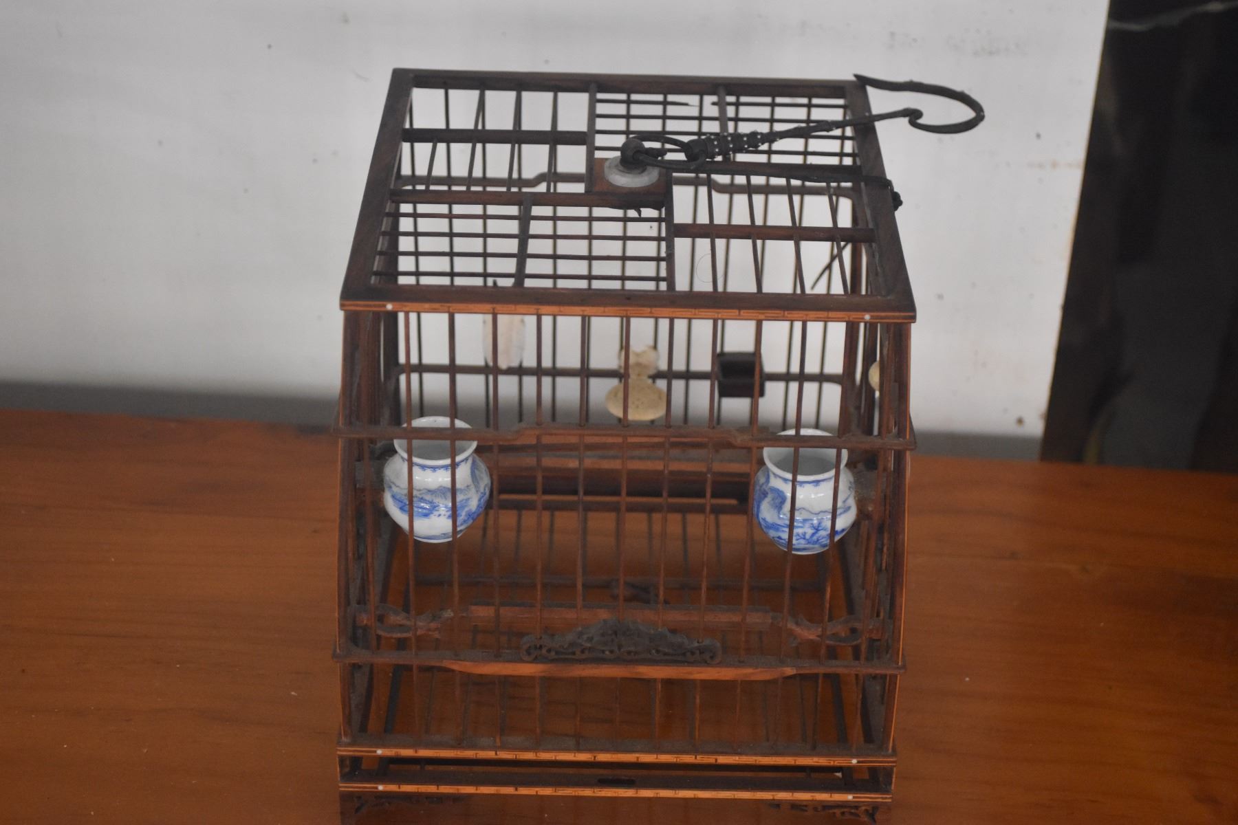 CHINESE WOODEN BIRDCAGE W/BLUE & WHITE PORCELAIN FEEDERS - McClain ...