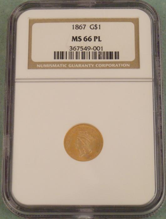 1867 Gold Dollar Coin NGC Mint State 66 Proof Like