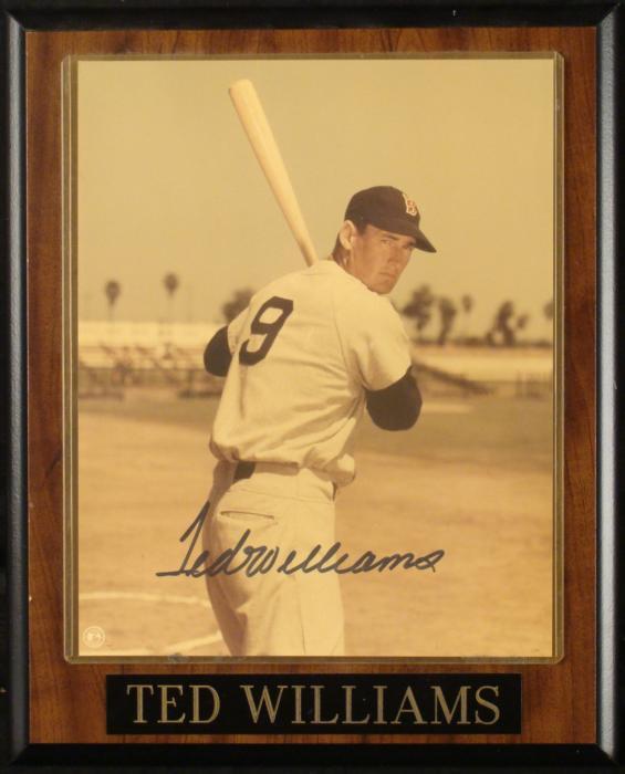 Ted Williams Signed Baseball Photo On Plaque, COA