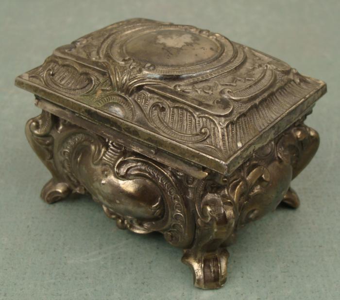 Art Nouveau Vintage Small Metal Jewelry Box M Marked