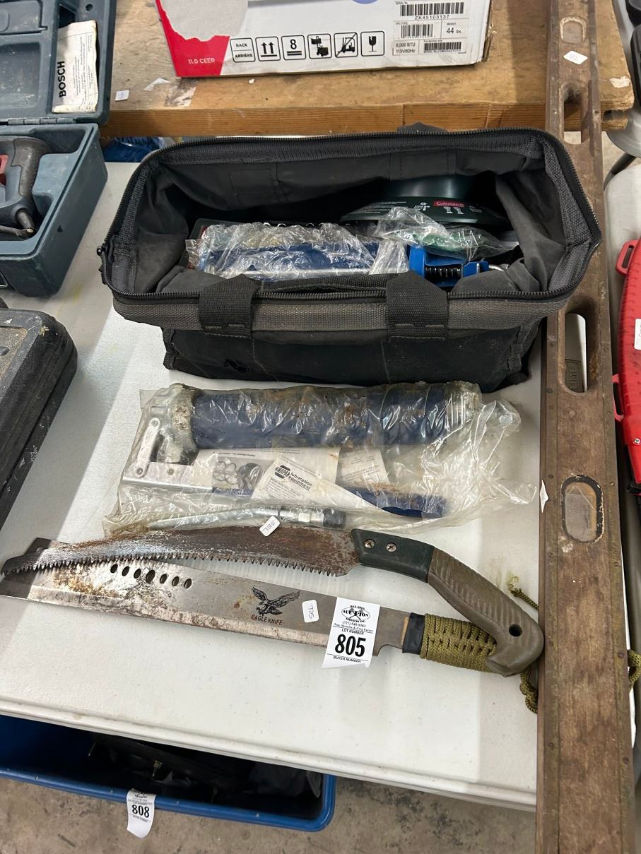 Machete, Tree Pruner, Grease Gun, Vintage Level, Tool Bag w/Hardware