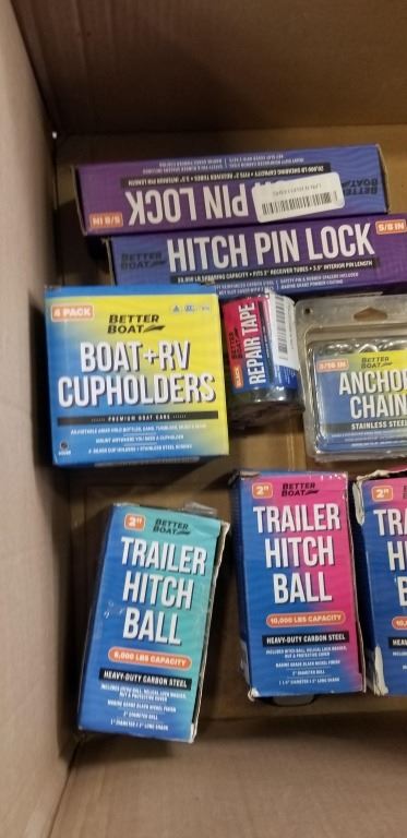 ASSORTED NEW TRAILER HITCH PINS, BALLS, BOAT TAPE AND CHAIN ETC