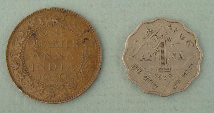 2 Indian Coins 1/4, 1 Anna Coin 1929, 1939