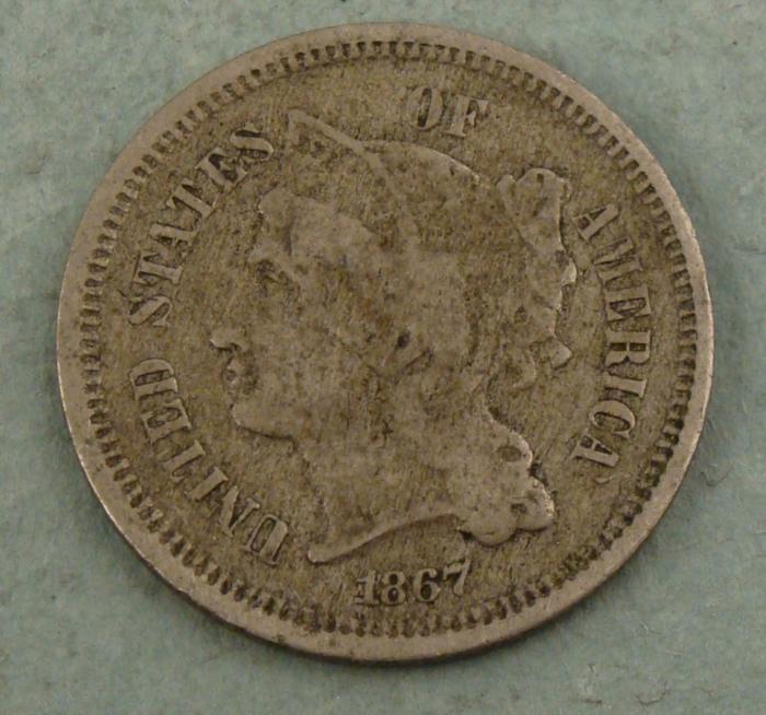 1867 3 Three Cent Nickel US Coin