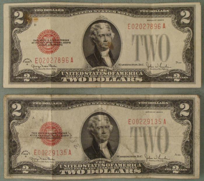 (2) $2 Dollar Note 1928 G Red Seal Bill Large TWO