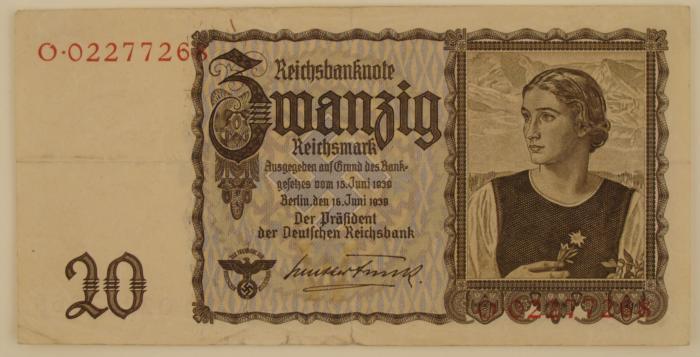 ORIGINAL NAZI 20 REICHSMARK BANK NOTE EAGLE SWASTIKA