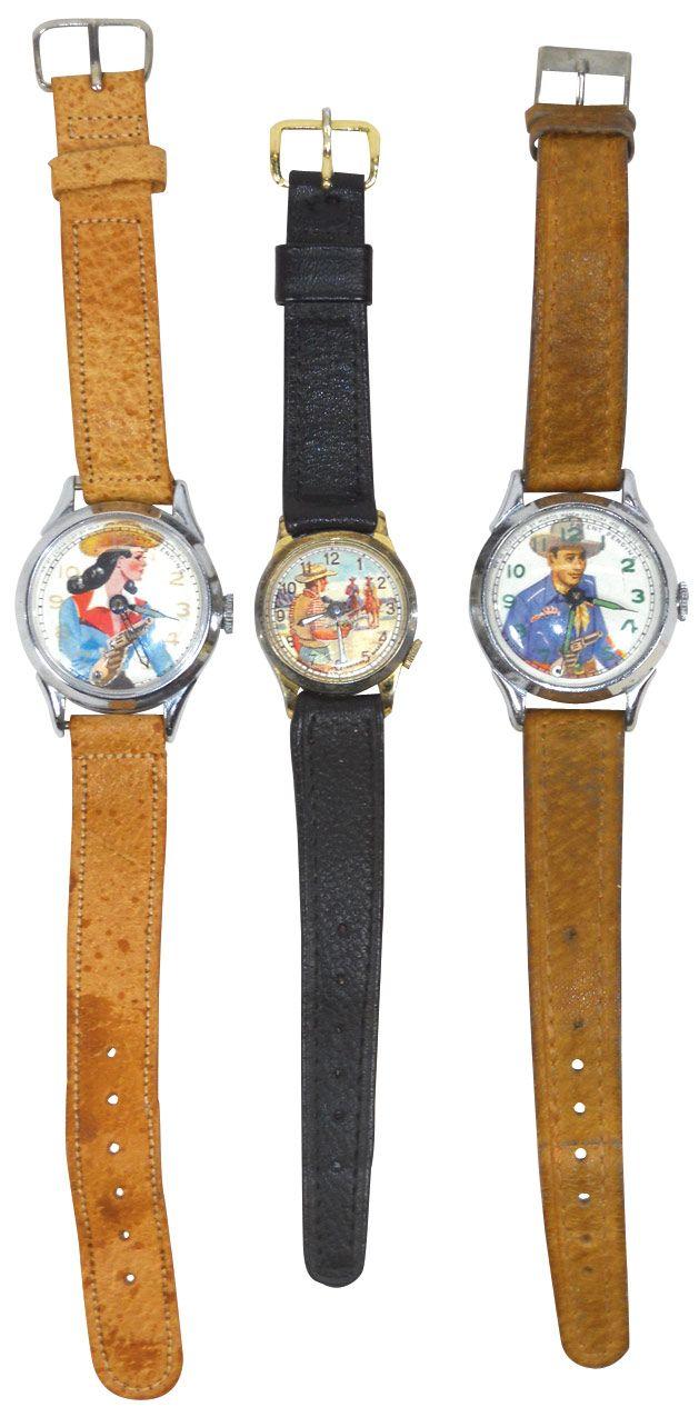 Cowboy & cowgirl watches (3), all w/animated gun second hands, one ...
