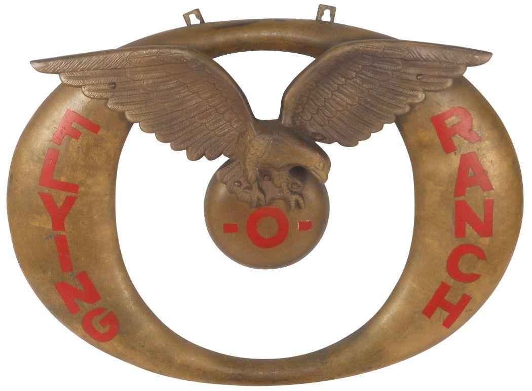 Flying -O- Ranch hanging sign, cast metal w/flying eagle in center ...