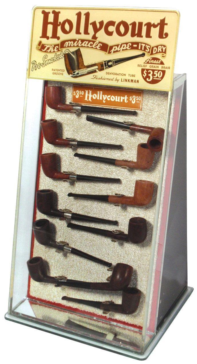 Hollycourt pipe display, glass advertising case full of old pipes, VG ...