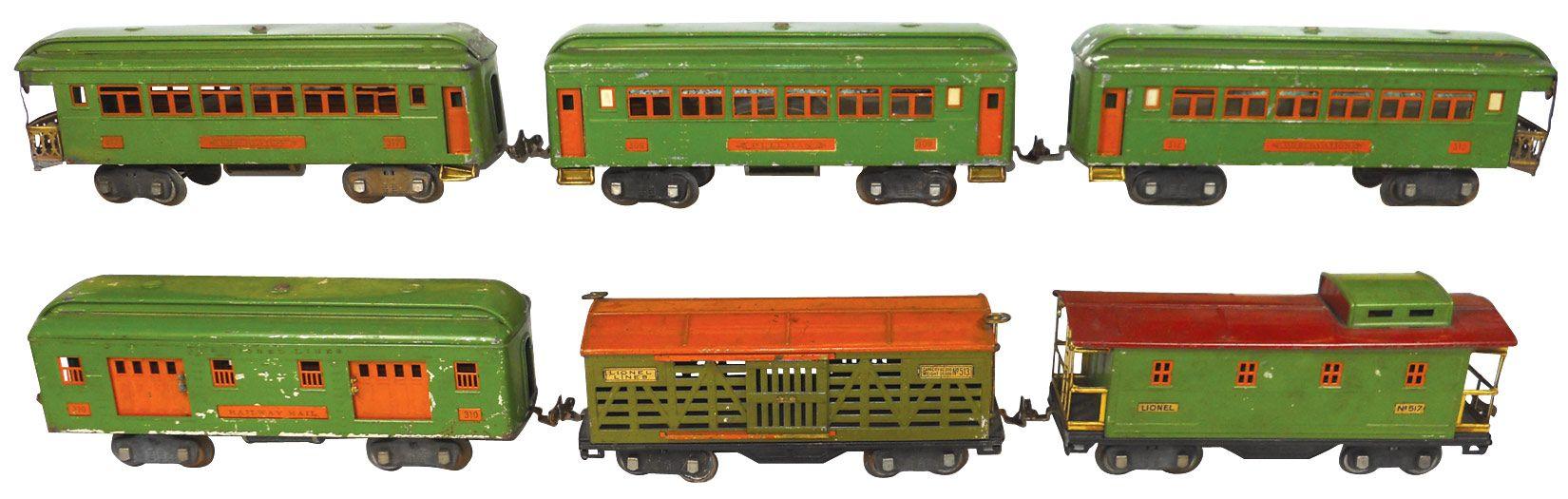 Toy Lionel train cars (6), Standard Gauge, #309 Pullman car "E", #310 ...