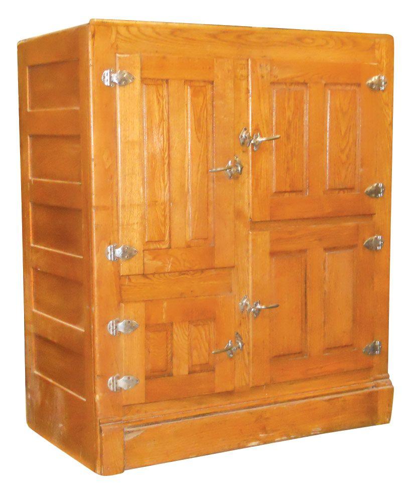 Ice box, oak, 4 door, older finish, c.1900, VG cond, 53"H x 44"W x 24"D.