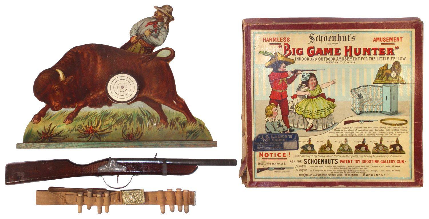 Toy Schoenhut's Big Game Hunter, c.1915 game box w/ buffalo, target ...