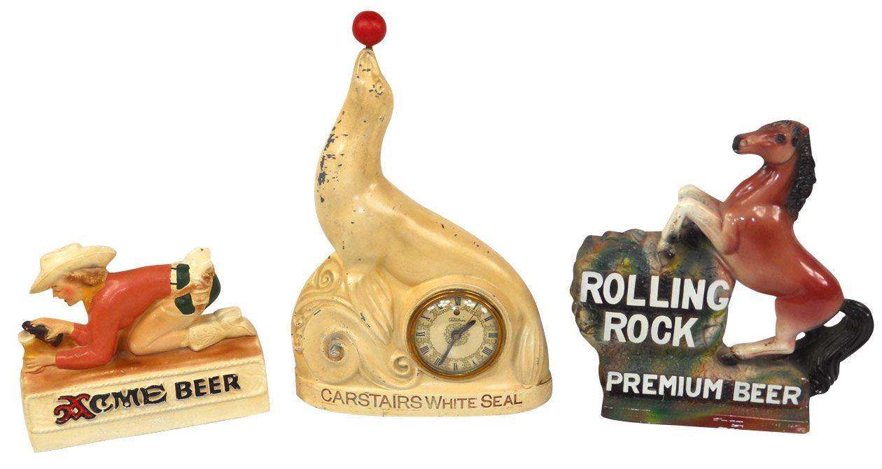 Beer advertising display figures (3), Acme Beer cute chalkware cowgirl ...