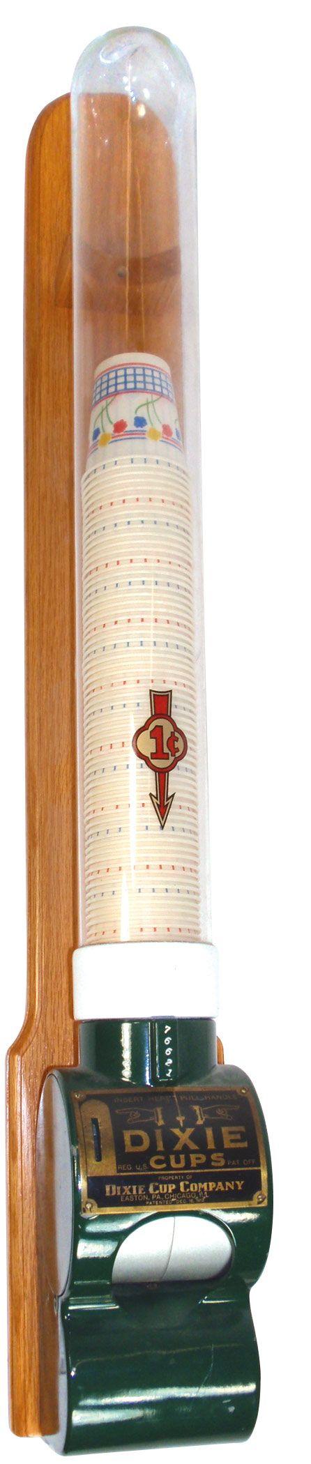 Coin-operated Dixie Cup dispenser, glass & metal w/orig brass maker's ...