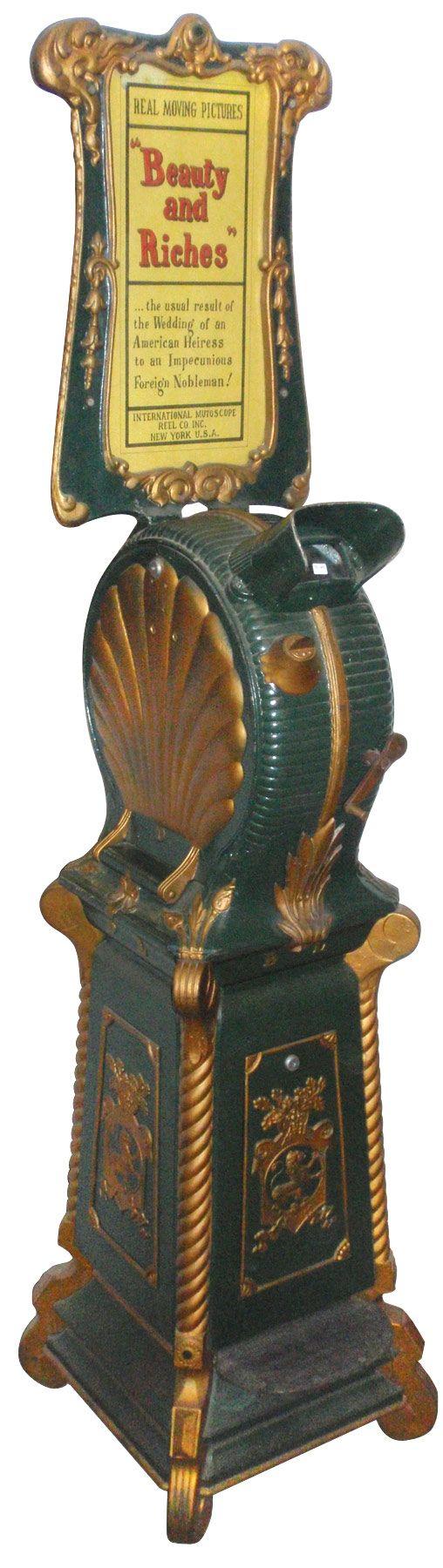 Coin-operated Mutoscope, cast iron clamshell in green & gold, "Beauty ...